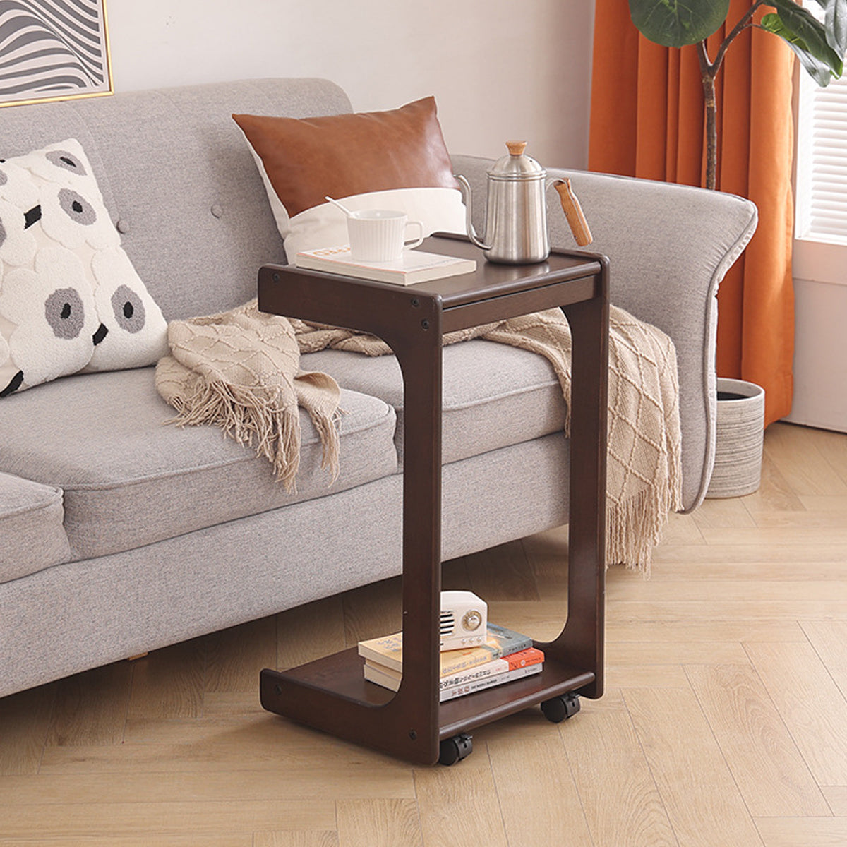 Solid Wood Rolling Coffee Side Table with Drawer and Wheels | Aimall